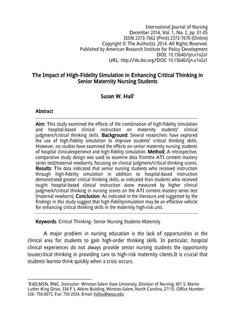 Pdf The Impact Of High Fidelity Simulation In Enhancing Critical Thinking In Senior Maternity