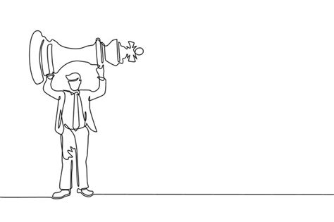 단일 연속 라인 드로잉 사업가 들고 들어올리는 왕 체스 조각 디자인 일러스트 프리미엄 벡터