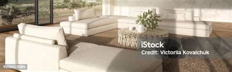 현대적인 인테리어 디자인 오픈 스페이스 거실 대형 창문과 자연 전망 집 야외 테라스 3d 렌더 일러스트 가구에 대한 스톡 사진 및 기타 이미지 Istock