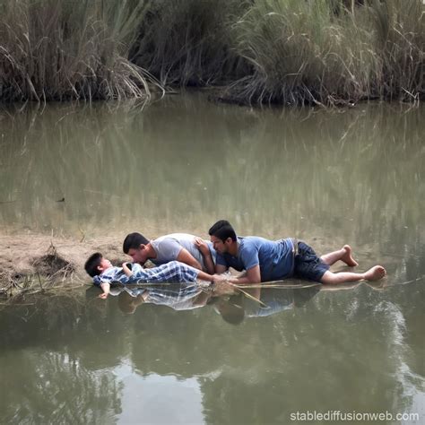 Joven Padre Y Su Hijo Dormidos En Una Laguna Stable Diffusion Online