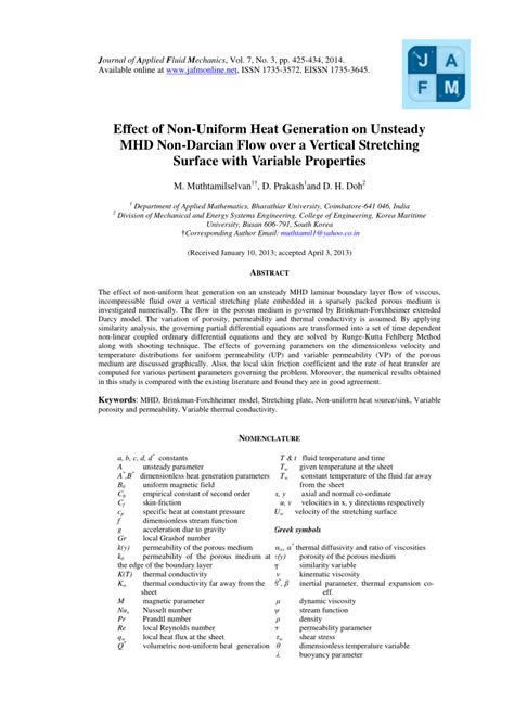 Pdf Effect Of Non Uniform Heat Generation On Unsteady Mhd Non Darcian