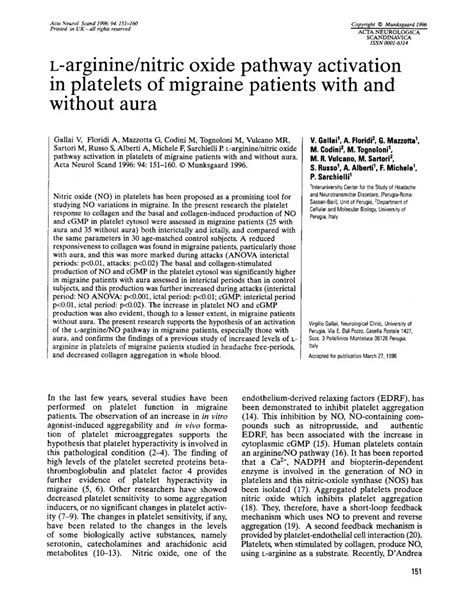 Pdf L Arginine Nitric Oxide Pathway Activation In Platelets Of Migraine Patients With And