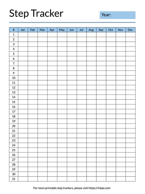 Printable Colored Table Style Yearly Step Tracker