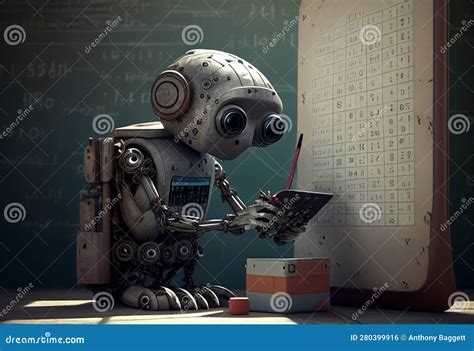 Humanoid Robot Student In Front Of A School Classroom Chalkboard While Machine Learning
