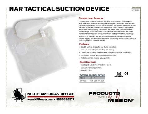 Tactical Suction Device Product Information Sheet North American Rescue