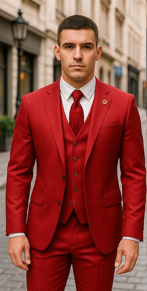 Rossiman Mens Red Suit Stylish 1 Button Peak Lapel Jacket And Double
