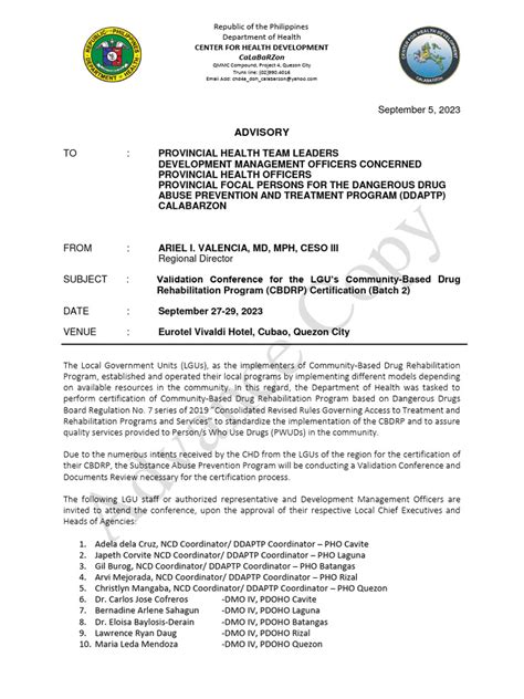 Batch 2 Advisory Validation Conference For The Cbdrp Certification