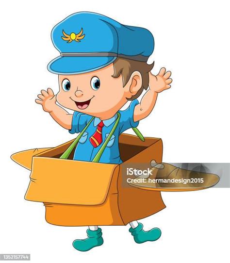 경찰 의상을 입은 소년이 골판지 상자를 연주하고 있습니다 경찰관에 대한 스톡 벡터 아트 및 기타 이미지 경찰관 공연 귀여운 Istock