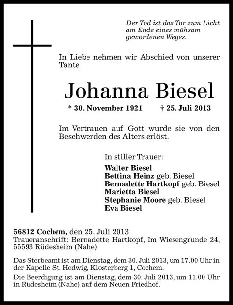 Traueranzeigen Von Johanna Biesel Rz Trauerde