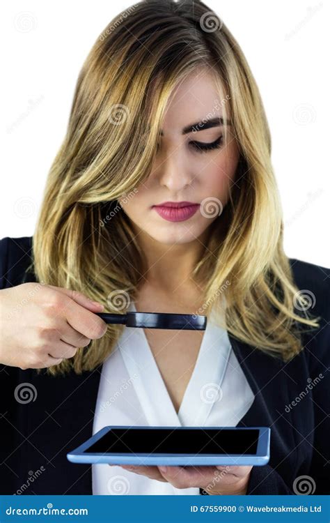 Woman Using Magnifying Glass Stock Photo Image Of Stylish Concentrating