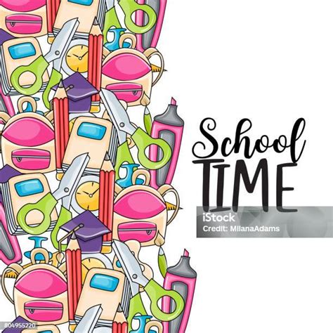 학교 시간 낙서 클립 아트 인사말 카드입니다 배너 전단지 만화 벡터 일러스트입니다 타이 포 그래피 스크립트 텍스트입니다 신학기에 대한 스톡 벡터 아트 및 기타 이미지