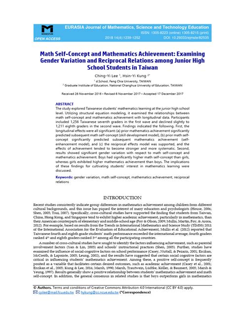 Math Self Concept And Mathematics Achievement Examining Gender