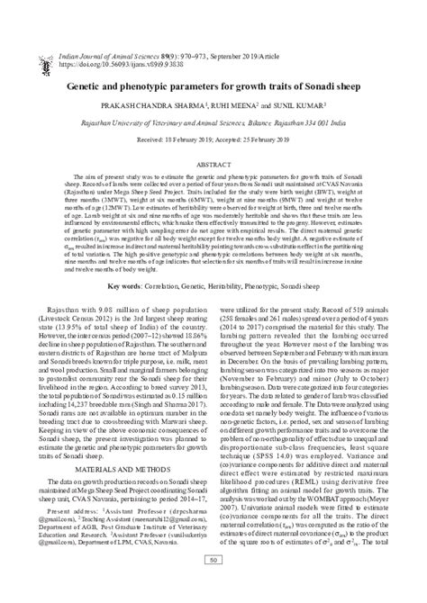 Pdf Genetic And Phenotypic Parameters For Growth Traits Of Sonadi Sheep