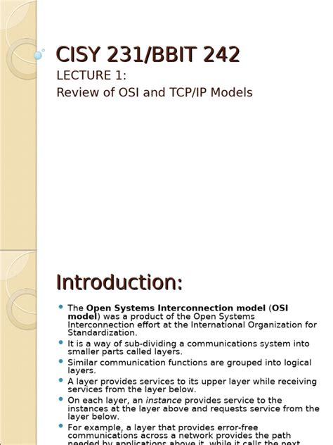 Cisy 231 Lecture1 Osi And Tcp Ip Reference Model Pdf Osi Model Computer Network