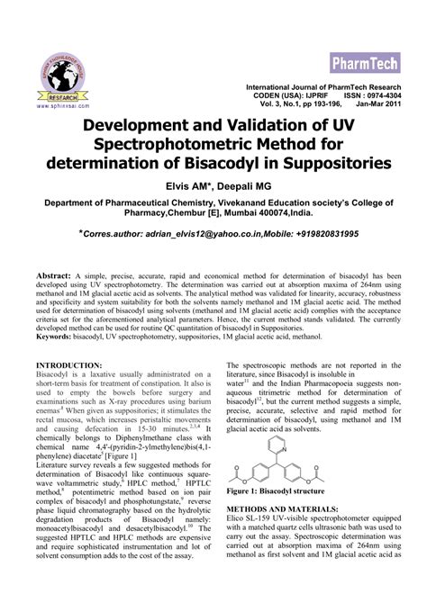 Pdf Development And Validation Of Uv Spectrophotometric Method For Determination Of Bisacodyl