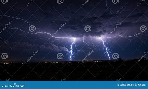 A Dramatic Nighttime Scene Featuring A Sky Lit Up By Multiple Streaks
