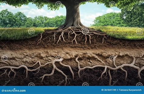Tree Roots Underground Structure With Soil Layers And Green Foliage Above Stock Image Image Of