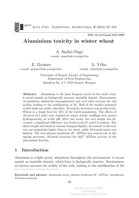 Pdf Aluminium Toxicity In Winter Wheat