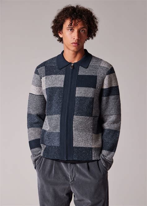 Mens Navy Tonal Patchwork Zip Through Cardigan