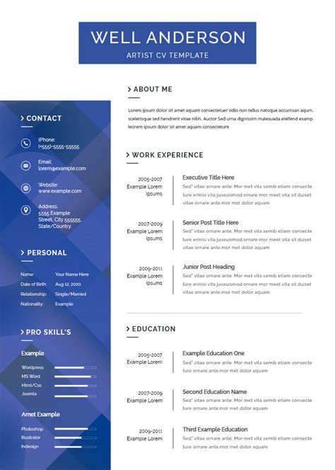 Artist CV Free Template In PSD Room Surf