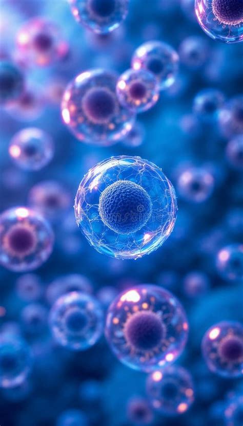 Microscopic View Of Cells Showing Intricate Structures On A Blue Background Stock Illustration