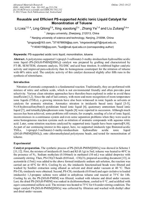 Reusable And Efficient Ps Supported Acidic Ionic Liquid Catalyst For