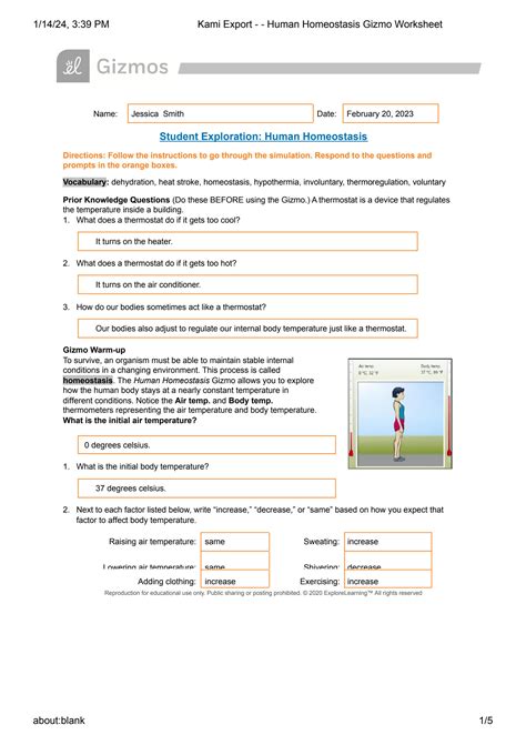SOLUTION: Kami export human homeostasis gizmo worksheet - Studypool