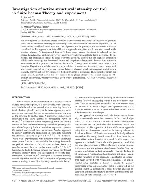 Pdf Investigation Of Active Structural Intensity Control In Finite Beams Theory And Experiment