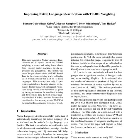 Improving Native Language Identification With Tf Idf Weighting Acl Anthology