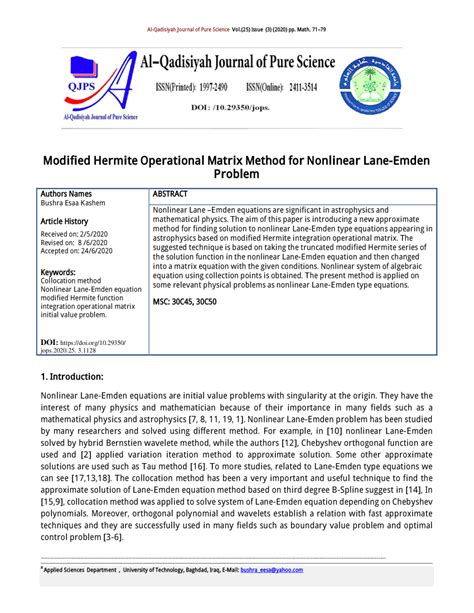 Pdf Modified Hermite Operational Matrix Method For Nonlinear Lane