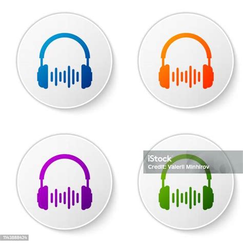 흰색 바탕에 컬러 헤드폰 및 음파 아이콘입니다 이어폰 기호입니다 음악 서비스 통신 및 운영자를 청취 하기 위한 개념 객체 원 버튼의 색상을 설정 합니다 벡터 일러스트 Dj에
