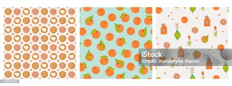 크리스마스 배경의 귀여운 세트입니다 겨울 휴일 상징 귤 쿠키와 완벽 한 패턴 순진한 예술 휴일 인쇄물 디지털 종이 벡터 일러스트 레이 션입니다 0명에 대한 스톡 벡터 아트