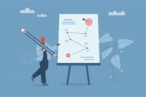 경쟁사 분석 및 마케팅 장애물 극복 성공 또는 목표를 향한 비즈니스 전략 계획 비즈니스 성공 화이트보드로 큰 연필 계획 전략을 들고 있는 사업가 계획에 대한 스톡 벡터 아트