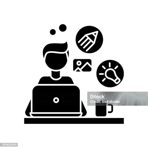 그래픽 디자이너 블랙 글리프 아이콘 원격 컴퓨터 일러스트레이터 편집자 크리에이티브 아티스트 그래픽 편집 예술 디자인 온라인 프로젝트 공백에 실루엣 기호 벡터 격리 된 그림