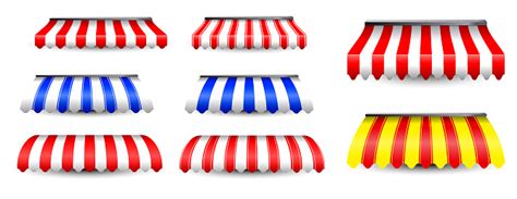 차양 빈티지 스타일 또는 평면 디자인 키오스크 상업 컨셉으로 고립되거나 줄무늬 차양 선쉐이드 또는 프론트 스토어의 현실적인 차양 텐트 세트 Eps 벡터 사탕 가게에 대한