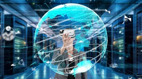 Woman Selecting Move Data Rotate World Analysis Monitor VR Server Contraption Stock Photo