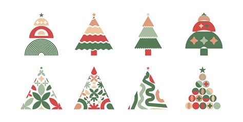 현대 기하학적 미니멀리스트 크리스마스 트리 벡터 일러스트 레이 션 세트 계절 디자인에 대 한 녹색 빨간색 베이지 색의 추상적인 휴일 장식을 특징으로 합니다 개념에 대한 스톡