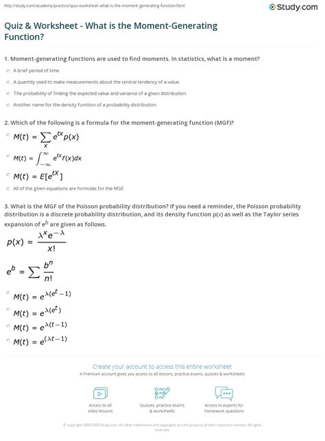 quiz and worksheet what is the moment generating function