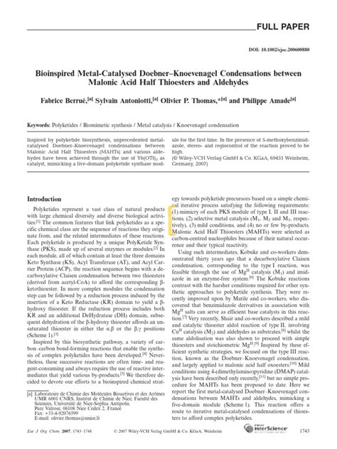 Eur J Org Chem 2007 Berru Bioinspired Metal Catalysed Doebner Knoevenagel Condensations