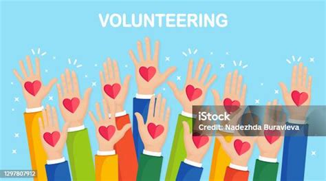 화려한 마음으로 손을 들어 올렸습니다 자원 봉사 자선 혈액 개념을 기부 주셔서 감사합니다 군중의 투표 벡터 플랫 디자인 감사합니다에 대한 스톡 벡터 아트 및 기타 이미지