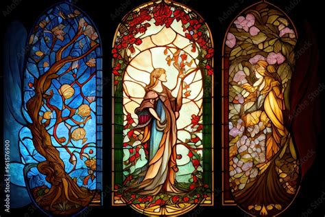 Generative Ai Illustration Of Luminous Stained Glass Window Showing The