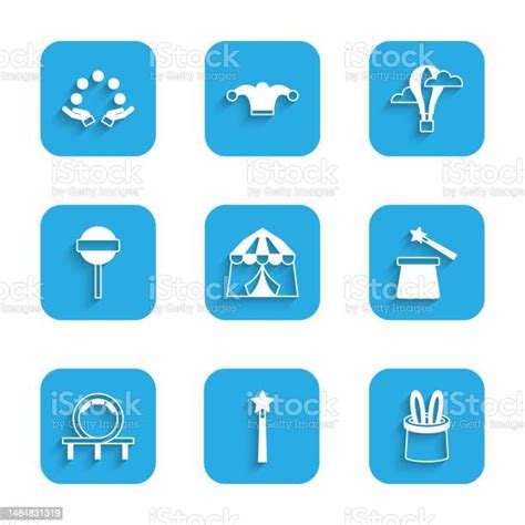 서커스 텐트 마술 지팡이 마술사 모자 토끼 귀 롤러 코스터 롤리팝 열기구 및 저글링 아이콘을 설정하십시오 벡터 그림자에 대한 스톡 벡터 아트 및 기타 이미지 Istock