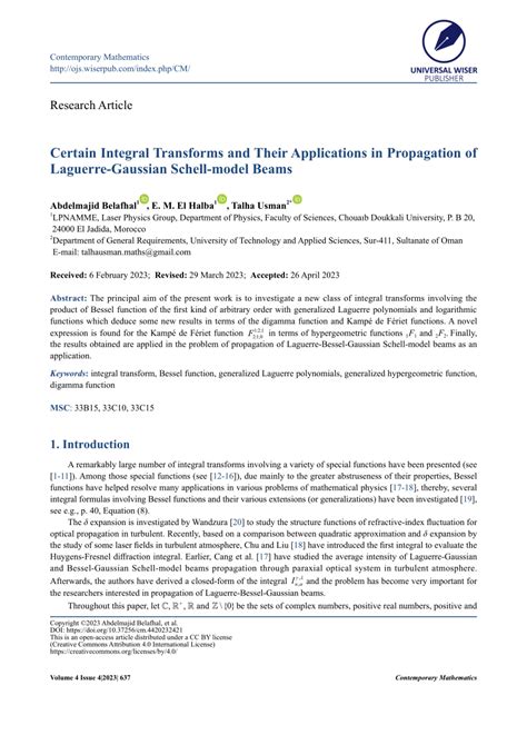 Pdf Certain Integral Transforms And Their Applications In Propagation Of Laguerre Gaussian