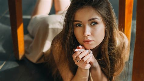 Portrait Sasha Ruskih Natural Light Blue Eyes Lying On Front Brunette Face Women Dress