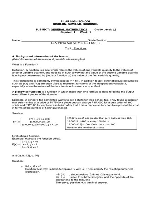 Gen Math Q1 W3 Pdf Subtraction Function Mathematics