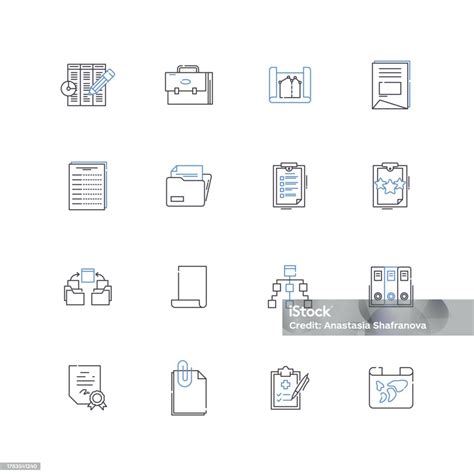 인벤토리 및 포트폴리오 라인 아이콘 모음입니다 컬렉션 비축 소장품 레퍼토리 구색 카탈로그 무기고 벡터 및 선형 그림 범위 창고 창고 개요 표지판 세트 아이콘에 대한 스톡