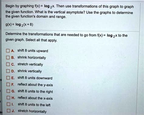 Solvedbegin By Graphing Fx Log 2x Then Use Transformations Of This Graph T0 Graph The
