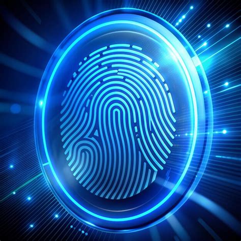 Blue Fingerprint Scan Icon On Virtual Screen While Finger Scanning For Security Access With