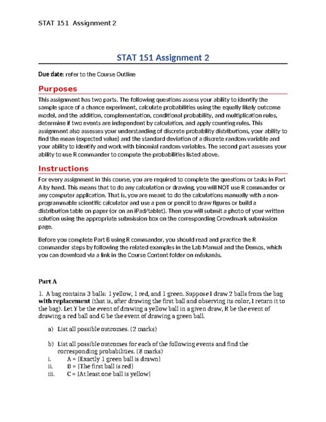 Assignment 2 Stat 151 Spring Summer 2024 Stat 151 Assignment 2 Due Date Refer To The Course