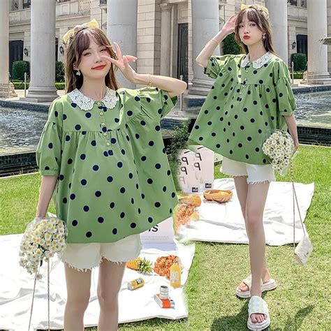 Badu Bg Сладка дантела Питър Пан яка Ризи на точки за бременни Големи размери Дрехи за бременни